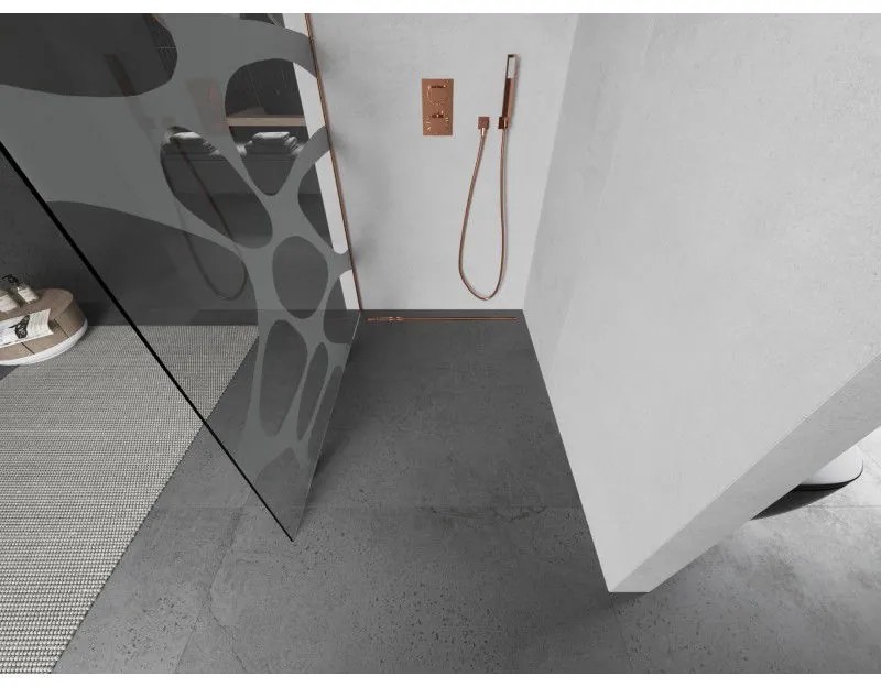 Mexen Kioto L, sprchová zástěna Walk-In 120 x 200 cm, 8mm čiré sklo bílý vzor, měděný matný profil, 800-120-103-65-85