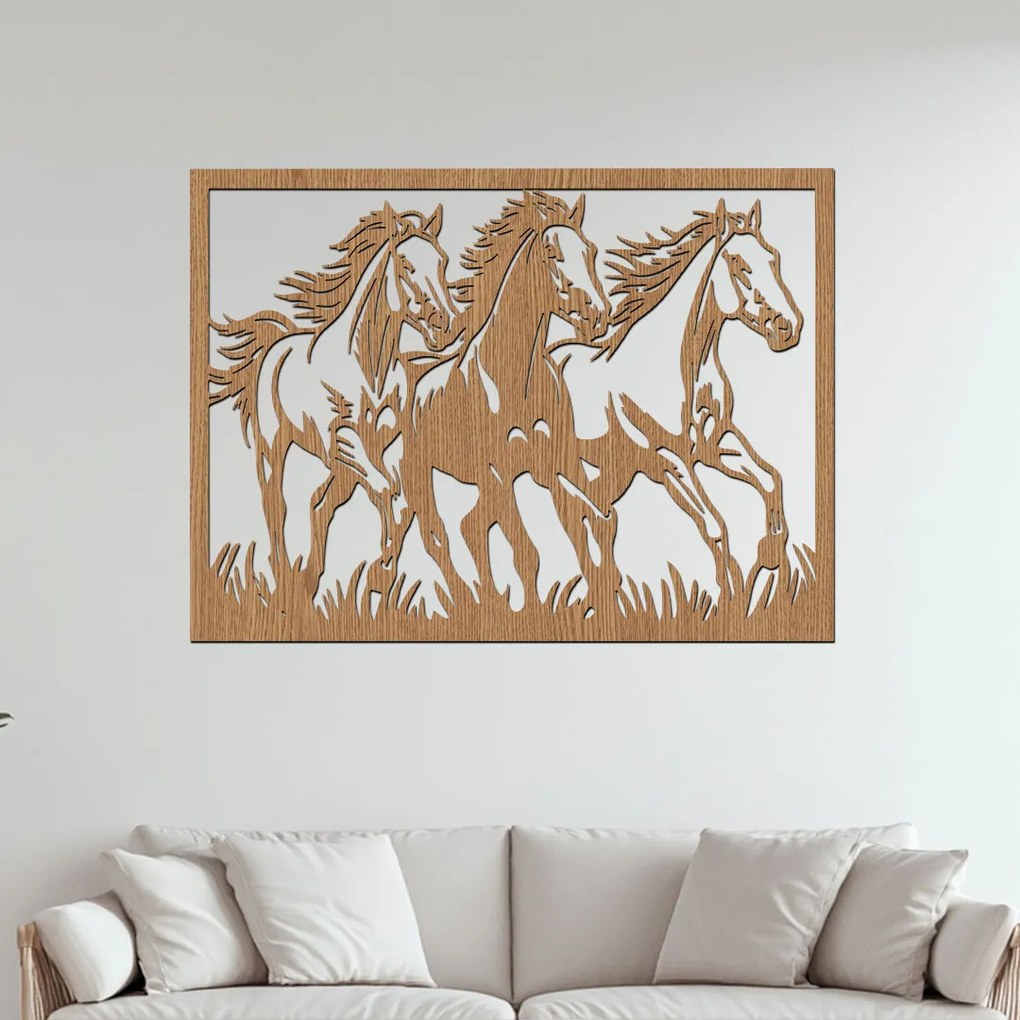 dřevo života Dřevěný obraz 3 koní Zvolte rozměr (cm): 60x44, Zvolte barvu dekoru: Třešeň
