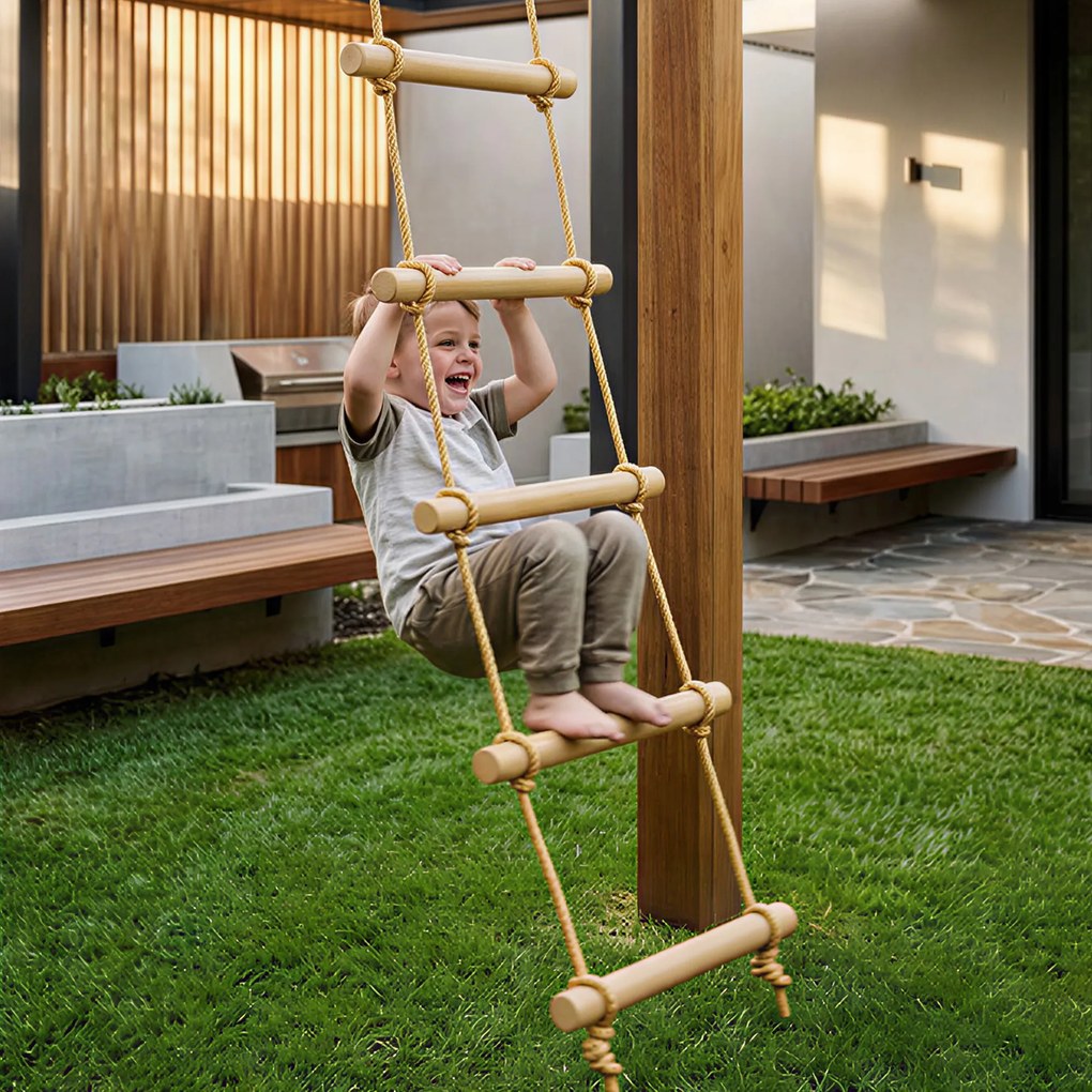 AIYAPLAY Ninja Line dětský lanový žebřík s 5 příčkami a slackline 1,8 m — přírodní dřevo, včetně 2 karabin a 2 popruhů na strom (3–8 let)