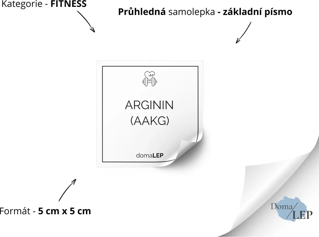 ARGININ - Samolepka na dózu pro fitness doplňky - DomaLEP tvar: ČTVEREC, barva: PRŮHLEDNÁ - ČERNÉ písmo, velikost: š. 5 cm x v. 5 cm - tučné písmo