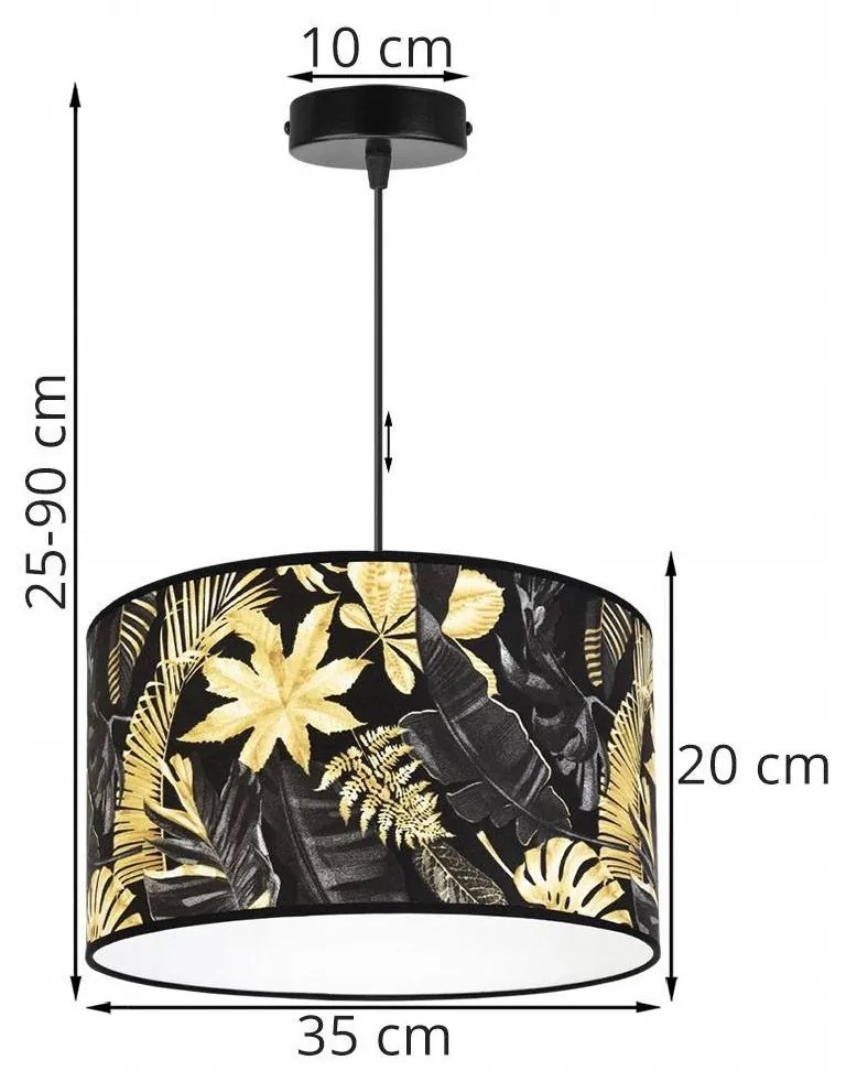 Závěsné svítidlo Gold Flowers, 1x černé textilní stínítko s květinovým vzorem, (fi 35cm)