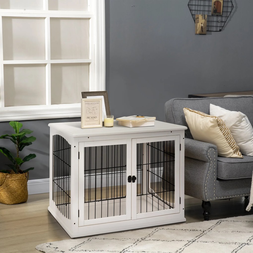 PawHut bouda pro psy přepravní box pro malá zvířata v interiéru 81 x 58,5 x 66 cm z MDF a kovu v bílé barvě, ideální pro domácí zvířata
