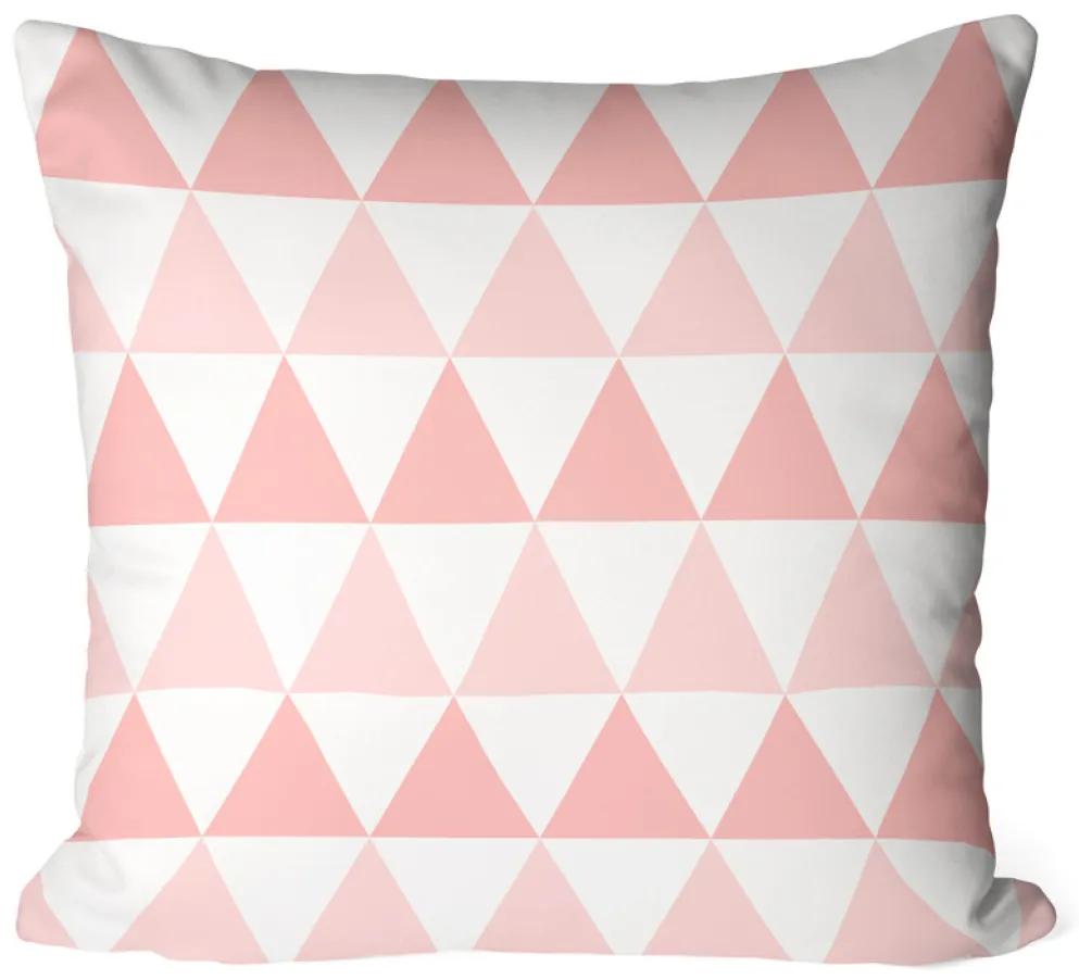 Polštář z mikrovlákna Kompozice trojúhelníků - geometrický motiv v bílé a růžové barvě