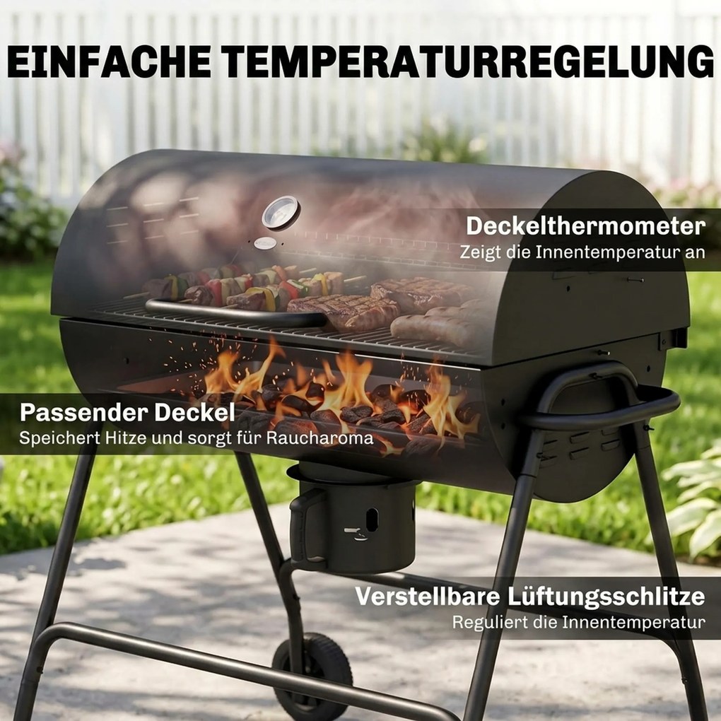 Outsunny Kovový gril na dřevěné uhlí BBQ udírna s víkem Teploměr Kolečka Grilovací vozík 95x71,5x102 cm Černá barva