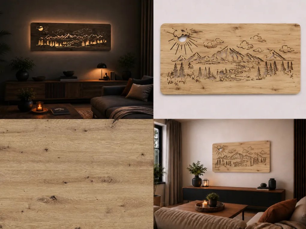 Li-Go "Hory, les" světelný obraz s baterií a pohybovým čidlem 120x40cm provedení povrchu: dub světlý