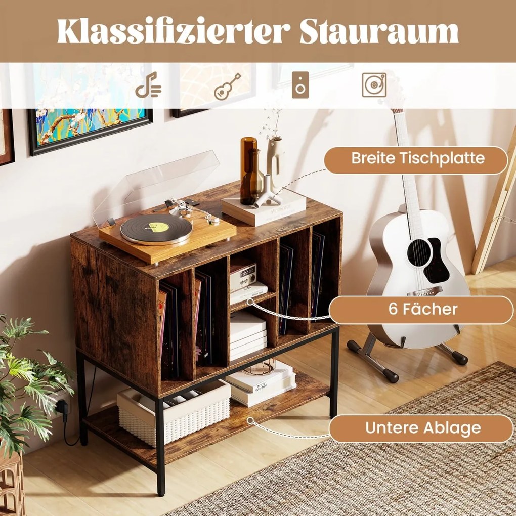 Costway Stojan na gramofon s nabíjecí stanicí a vinylovou postranní úložnou