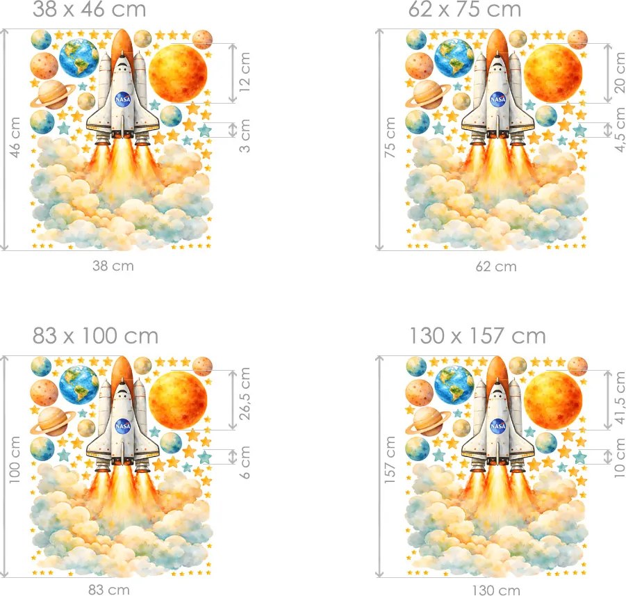 Kosmická raketa NASA textilní přelepitelná samolepka na zeď arch 38 x 46 cm