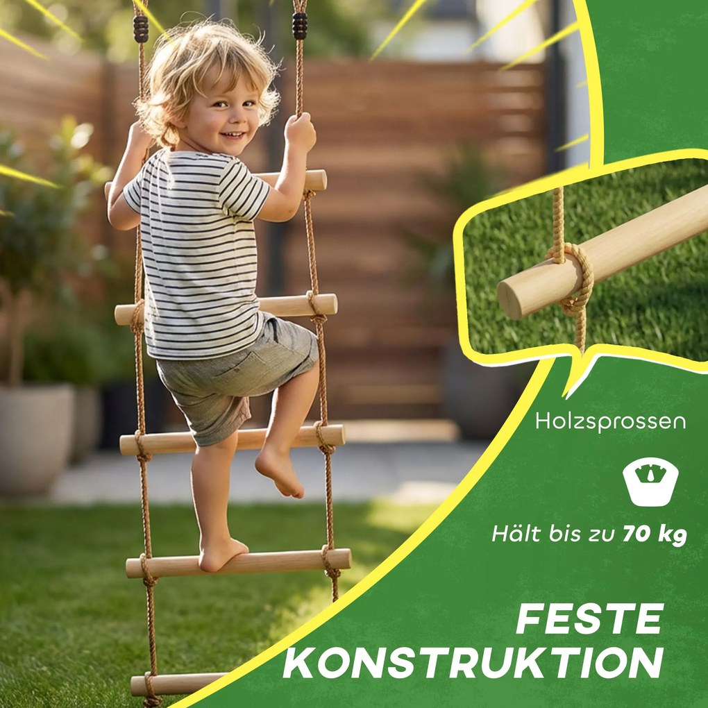 AIYAPLAY Ninja Line dětský lanový žebřík s 5 příčkami a slackline 1,8 m — přírodní dřevo, včetně 2 karabin a 2 popruhů na strom (3–8 let)
