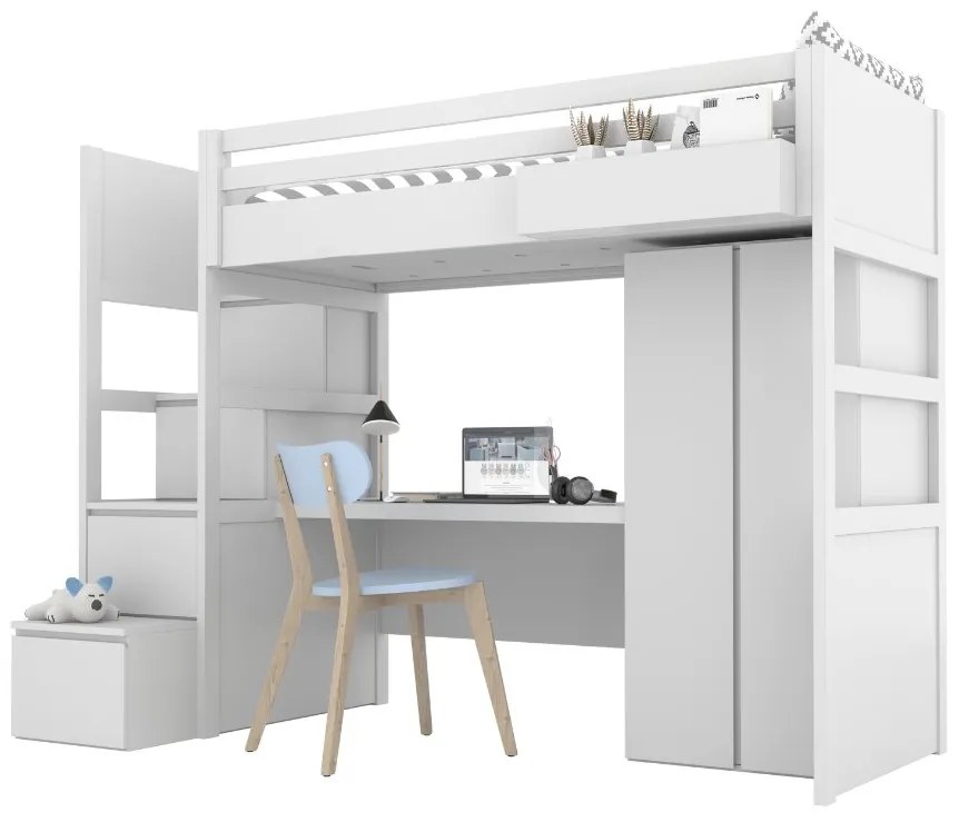 BAMI Bílá vyvýšená postel SIMONE s úložnými schody, skříní, psacím stolem a policí 90x200 cm Zvolte stranu: Vpravo