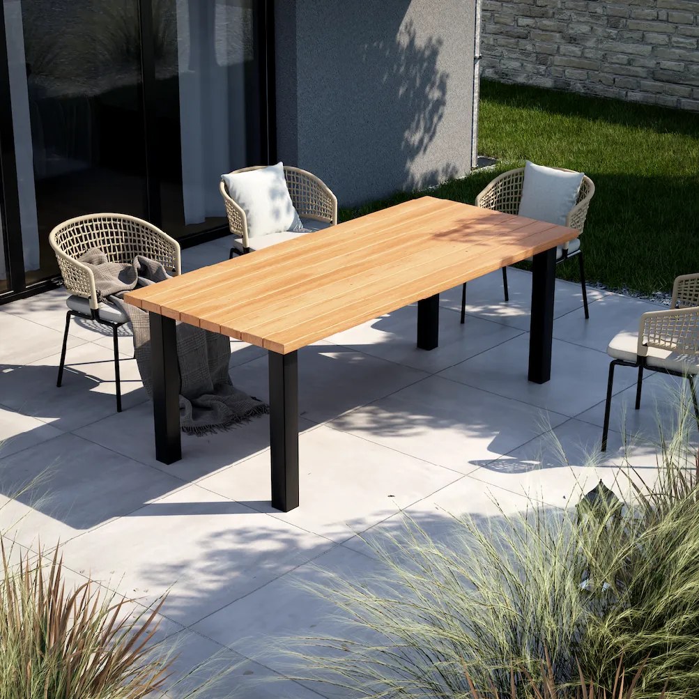 KULHÁNEK Zahradní stůl s kovovými nohami Odstín nátěru: lazura - teak, Velikost desky: 150x80 cm, Odstín podnože: antracit - RAL 7016