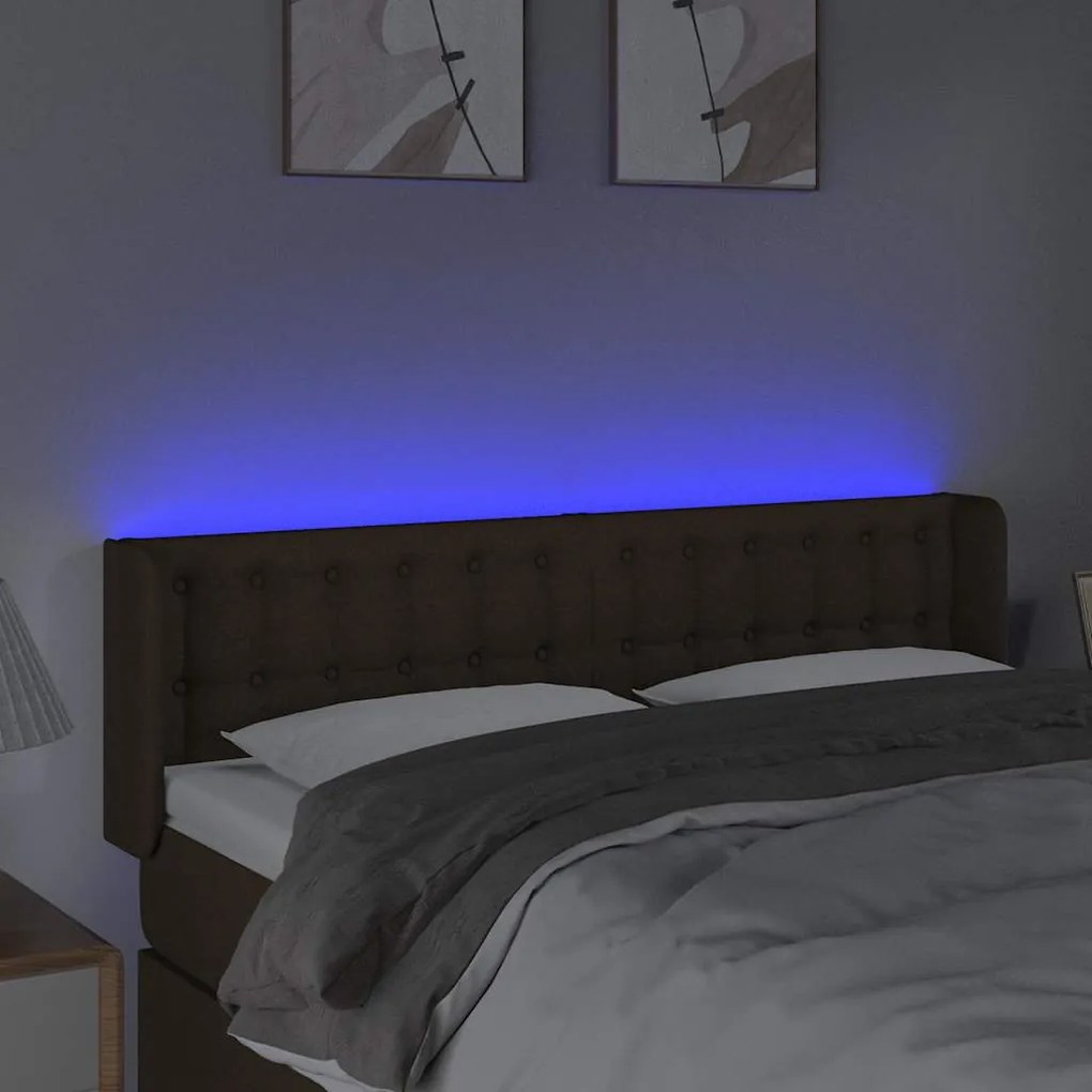 Čelo postele s LED tmavě hnědé 147 x 16 x 78/88 cm textil 3123671