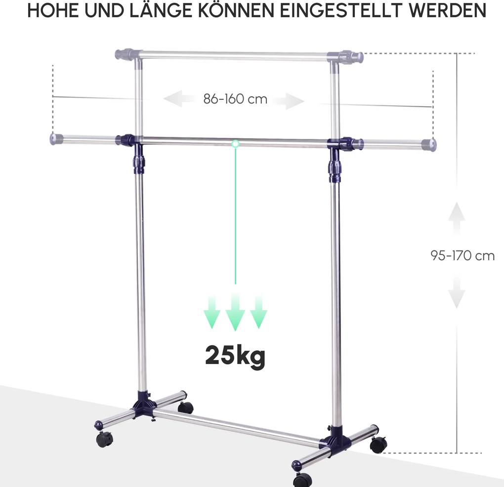 HOMCOM Věšák na kabáty Věšák na kabáty s kolečky, Výškově nastavitelný, Výsuvná tyč na oděvy, nerezová ocel| Aosom
