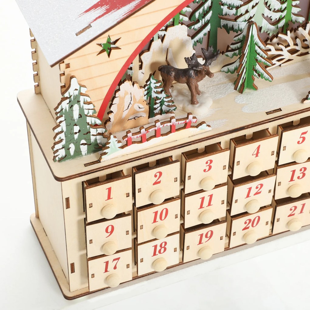 HOMCOM Adventní kalendář k naplnění 24 zásuvky přihrádky, vánoční kalendář s LED světly, přírodní dřevo, 36 x 10 x 34 cm