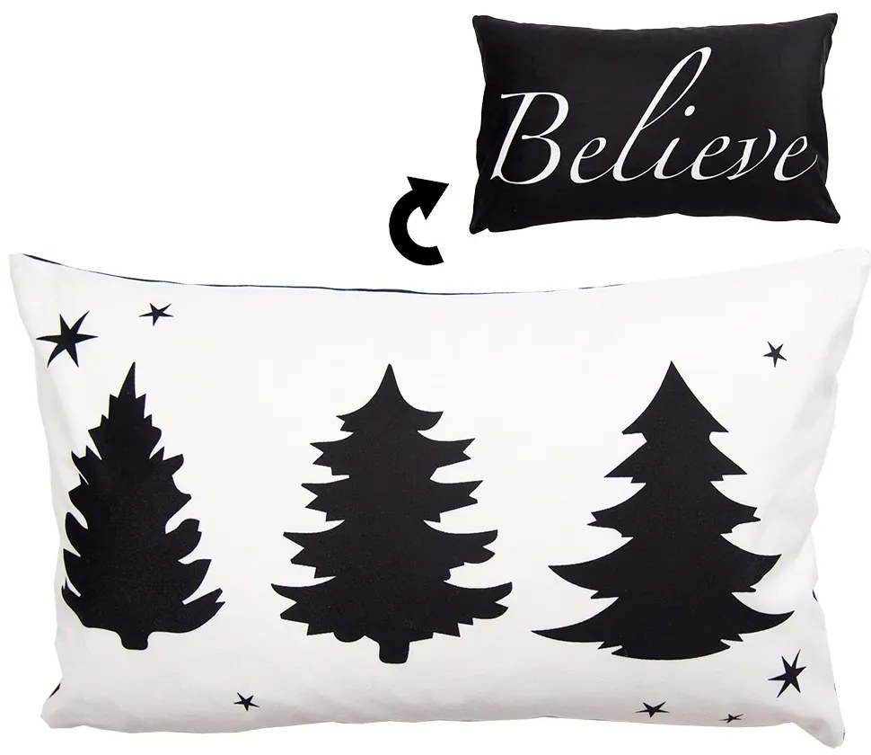Bílo-černý povlak na polštář se stromky Believe Black&White X-Mas - 30*50 cm
