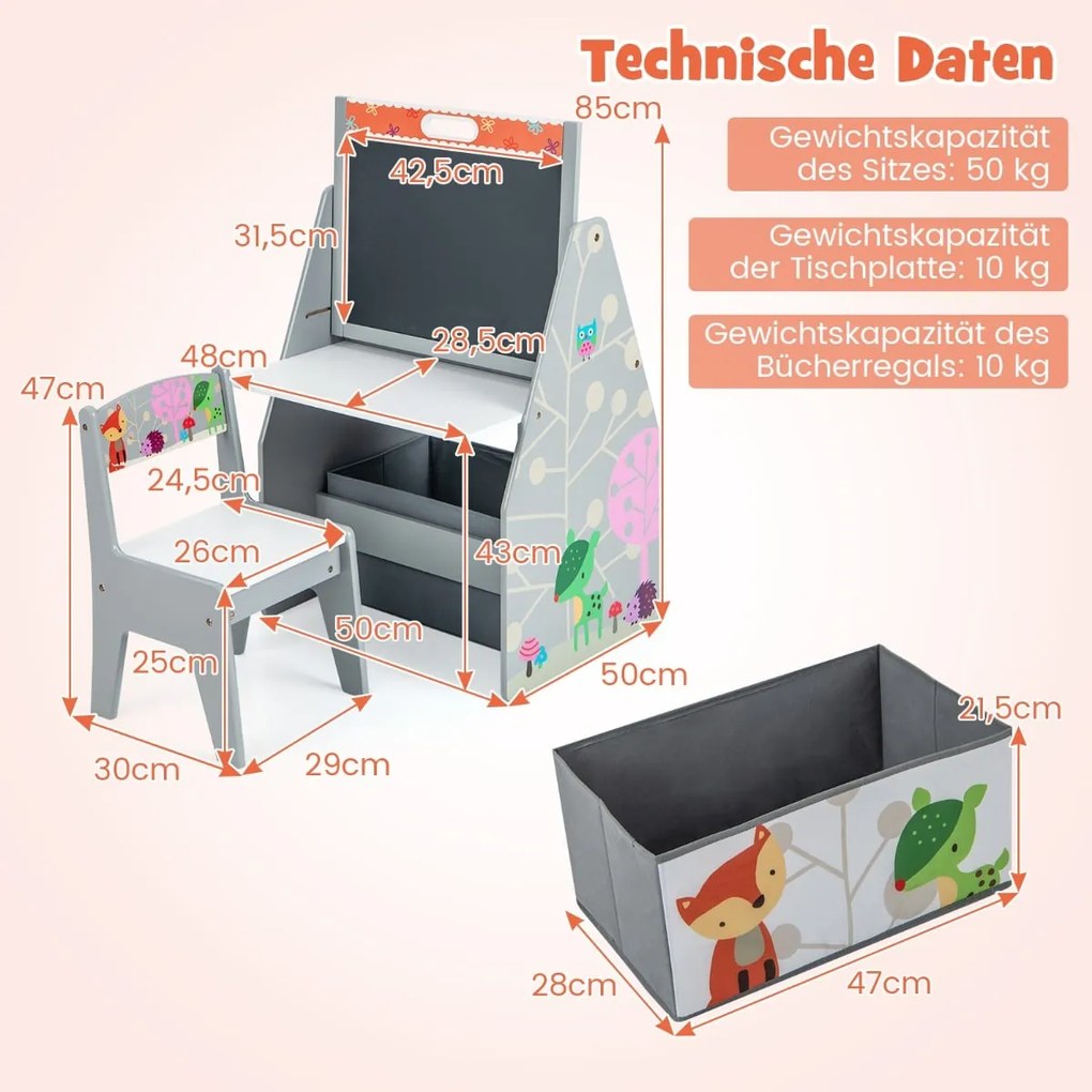 Costway Oboustranná sada dětského stolu a židlí s magnetickou tabulí, tabulí
