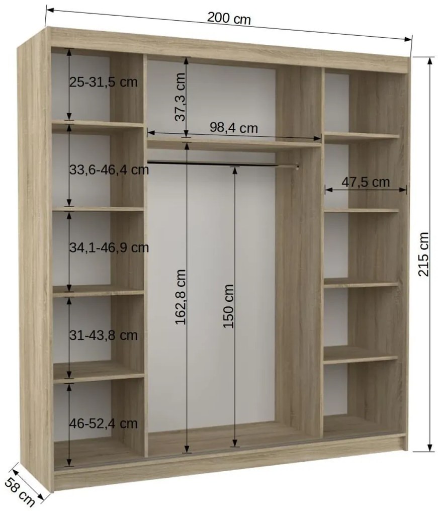 Šatní skříň s posuvnými dveřmi Terecia - 200 cm Barva: Bílá/dub Sonoma