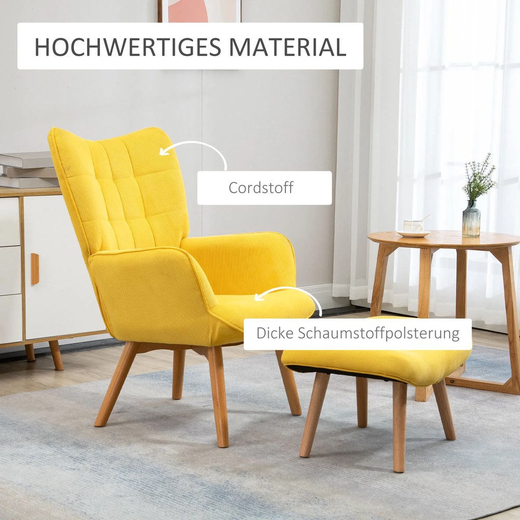HOMCOM polohovatelné křeslo lounge wing chair s taburetem ve žluté barvě, křeslo s dřevěnými nohami, vzhled šňůry pro příjemné posezení