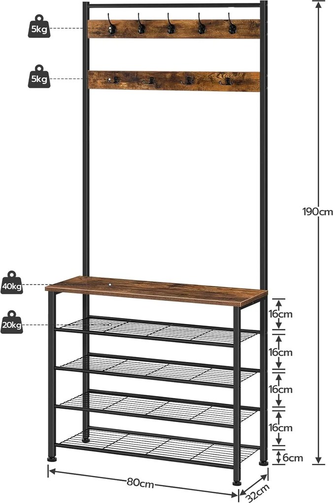 Předsíňový věšák s botníkem Vasagle Mjora 80 cm černý/hnědý