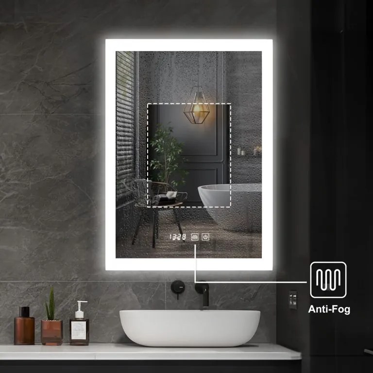 LED zrcadlo 80 × 60 cm s odmlžováním a hodinami