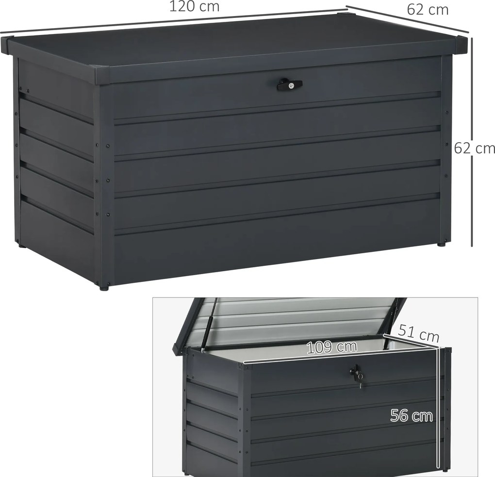 Outsunny Venkovní úložný box 311L Ocelový skladovací truhlík s klíčovým uzamčením a plynovými písty pro zahradu, terasu nebo patio 120x62x62 cm Tmavě…