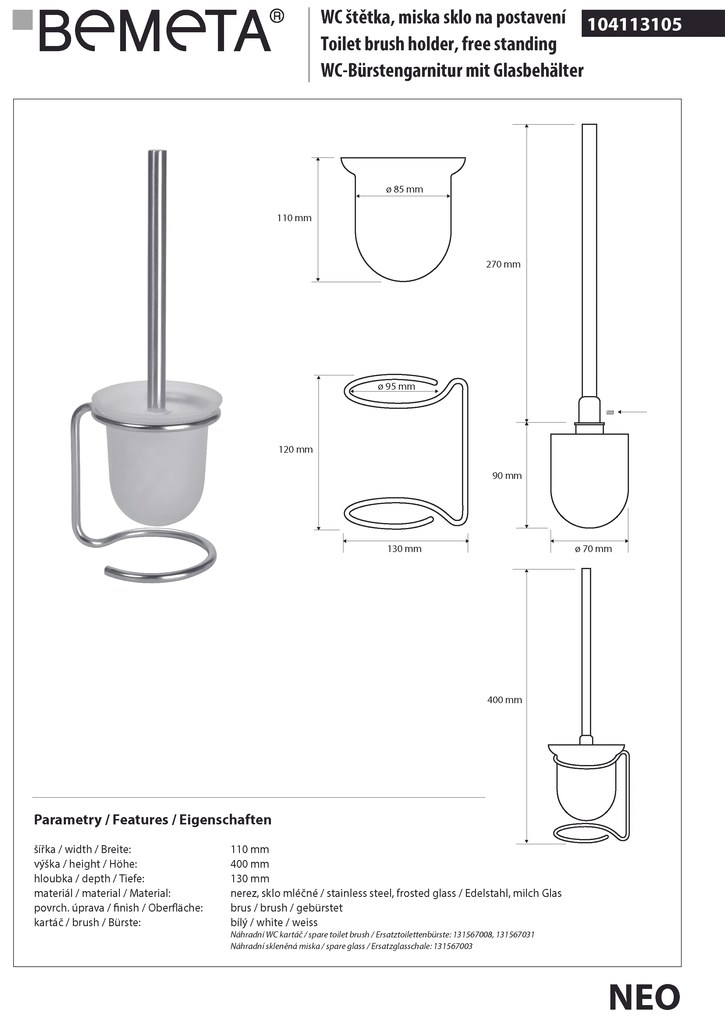 Bemeta Design NEO: WC štětka, na postavení, nerez, sklo -