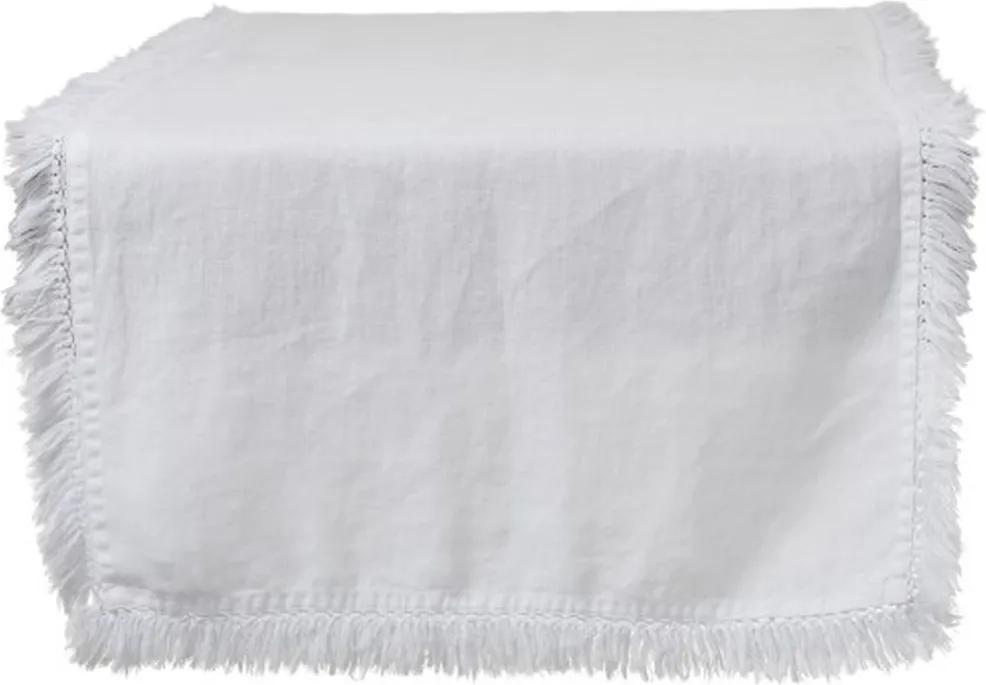 Bílý lněný běhoun na stůl s třásněmi Franje - 45*150 cm