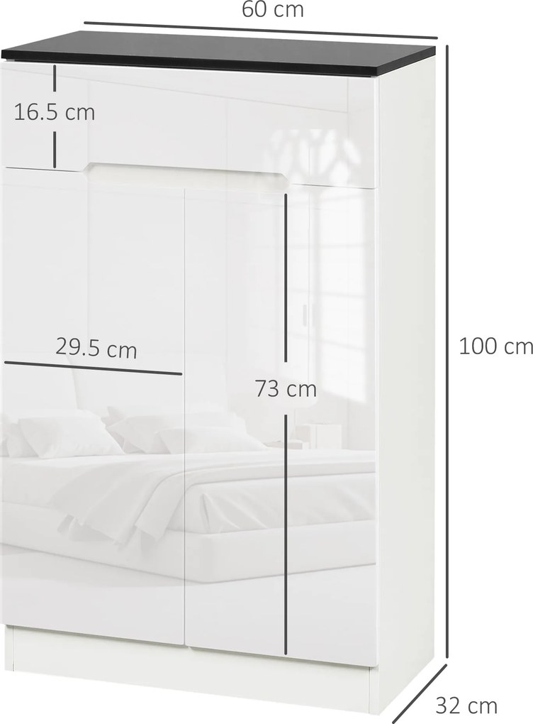 HOMCOM Slim botník pro až 12 párů bot do předsíní a chodeb s 3 nastavitelnými policemi a zásuvkou, lesklý bílý lamino, 60x32x100 cm