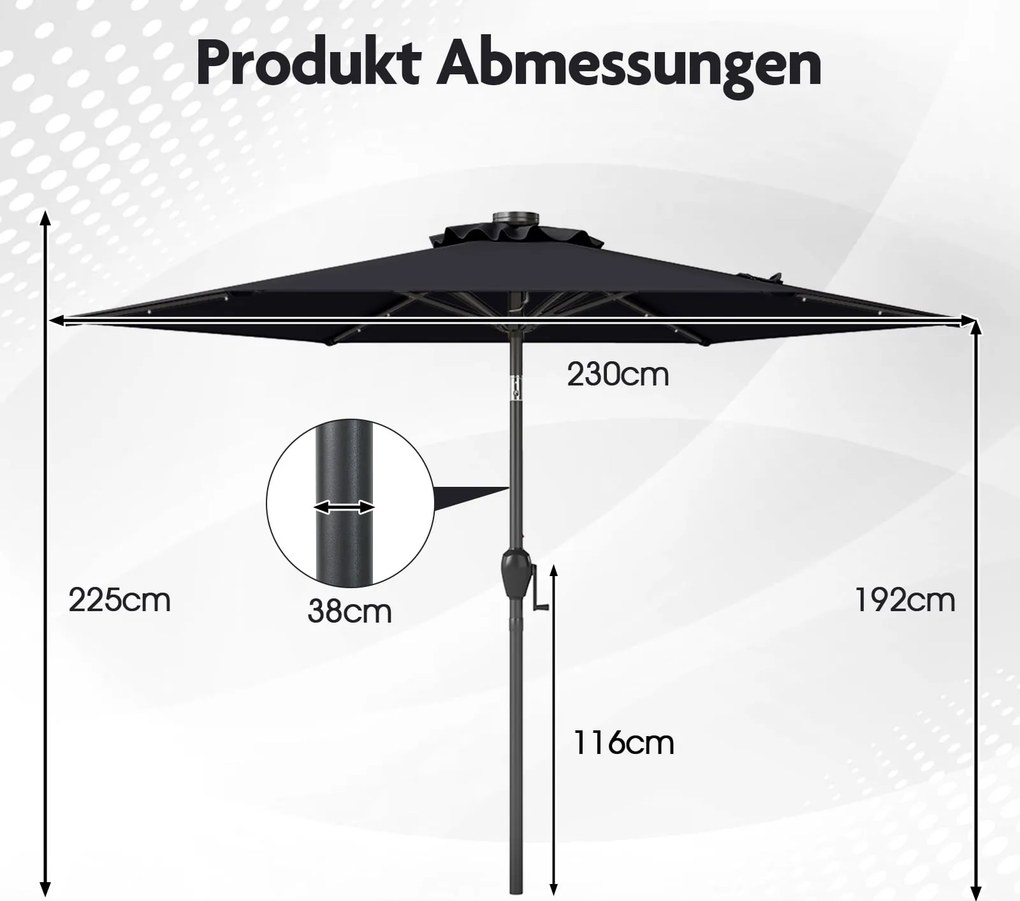 Costway Slunečník 230 cm s LED solárním osvětlením a klikou zahradní