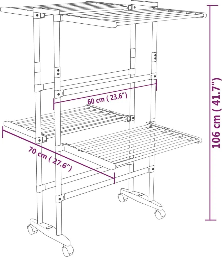 vidaXL 2patrový sušák na prádlo s kolečky stříbrný 60 x 70 x 106 cm