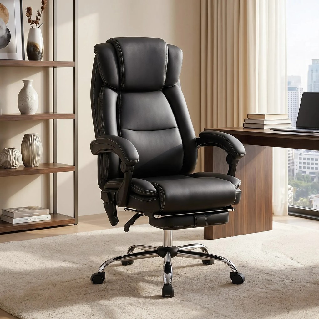HOMCOM Ergonomická kancelářská židle s masážní funkcí, kancelářská židle s opěrkou nohou, černá umělá kůže