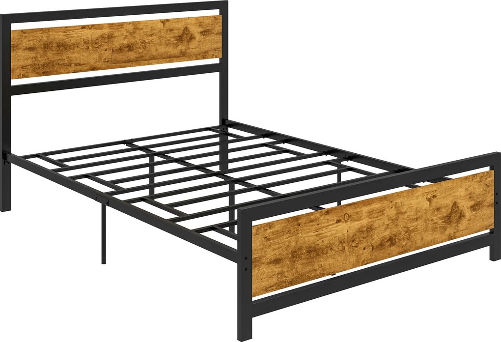 HOMCOM Jednolůžkový rám postele z dřeva a oceli 147x208x103cm, Integrované lamely a čelo v industriálním stylu, Černé a rustikální hnědé | Aosom
