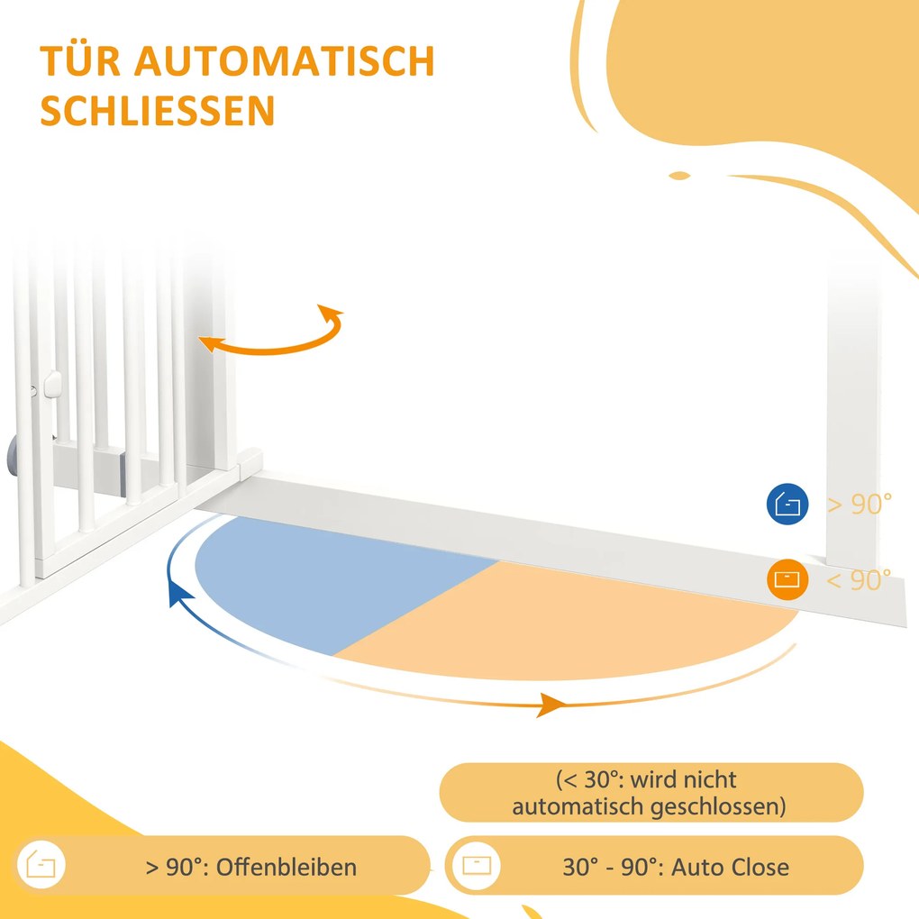 Schodišťová branka PawHut pro psy s automatickým zavíráním a klapkou pro kočky, bez vrtání, 74-100 cm, bílá