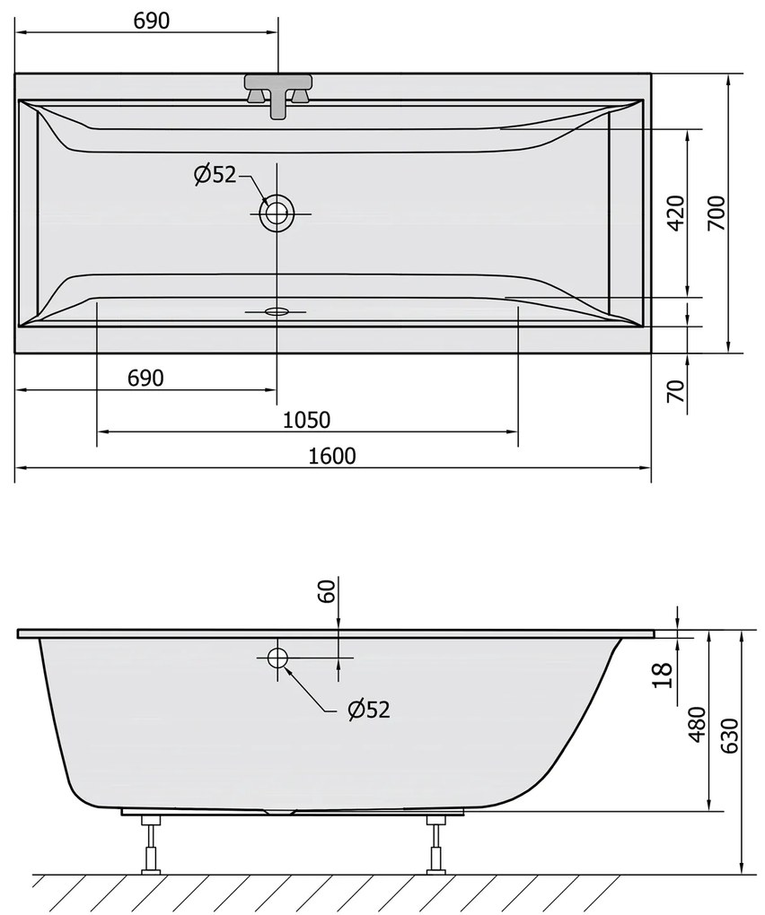 Polysan CLEO SLIM obdélníková vana 160x70x48 cm, bílá, 73611S