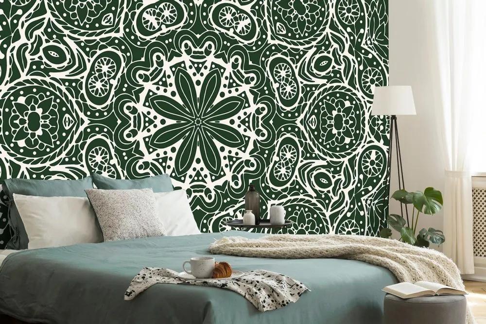 Tapeta bílá Mandala na zeleném pozadí - 150x100 cm