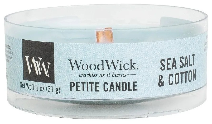 WoodWick - vonná svíčka Petite, Sea Salt & Cotton (Mořská sůl & bavlna) 31g