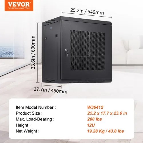 Síťová serverová skříň pro montáž na stěnu 12U, hloubka 39,4 cm