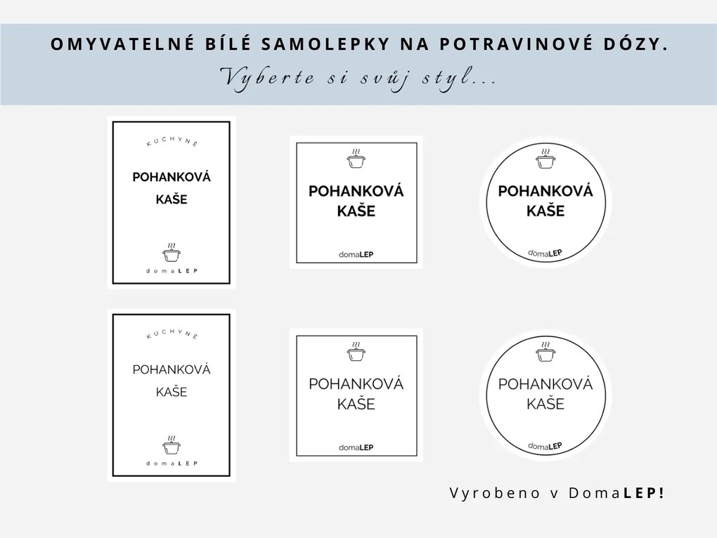 POHANKOVÁ KAŠE - omyvatelná samolepka na dózu, výběr rozměrů Ø 5 cm / 5 x 5 cm / 6 x 8 cm | DomaLEP tvar: OBDÉLNÍK, barva: BÍLÁ - ČERNÉ písmo, velikost: š. 6 cm x v. 8 cm - tučné písmo