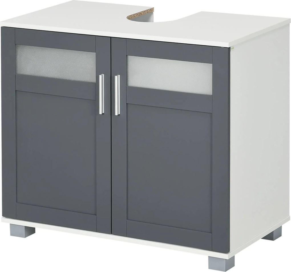 Kleankin Skříňka pod umyvadlo s 2 Dveřmi z Temperovaného Skla a Nastavitelnou Policí 69x35x59 cm Bílá a Šedá | Aosom
