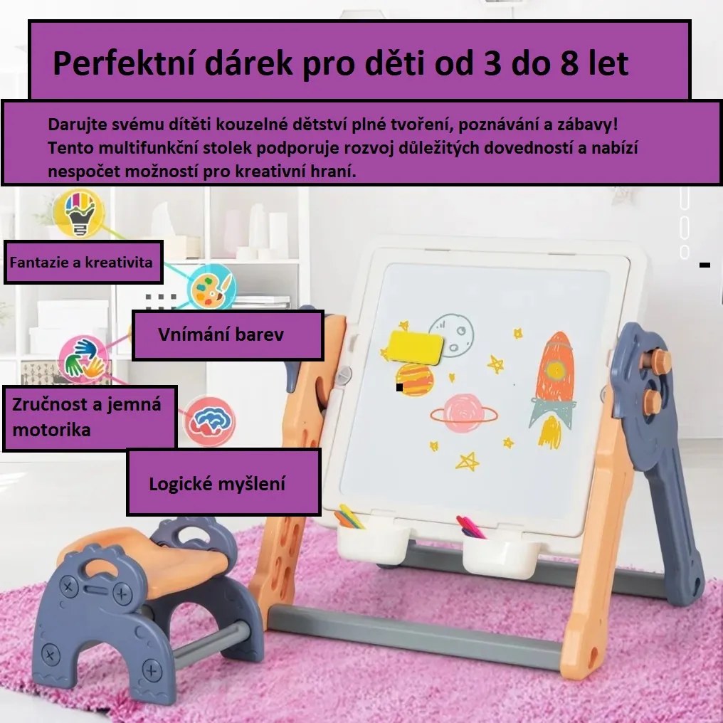Dětský víceúčelový oboustranný stojan na hraní 6v1 se stoličkou TM10071
