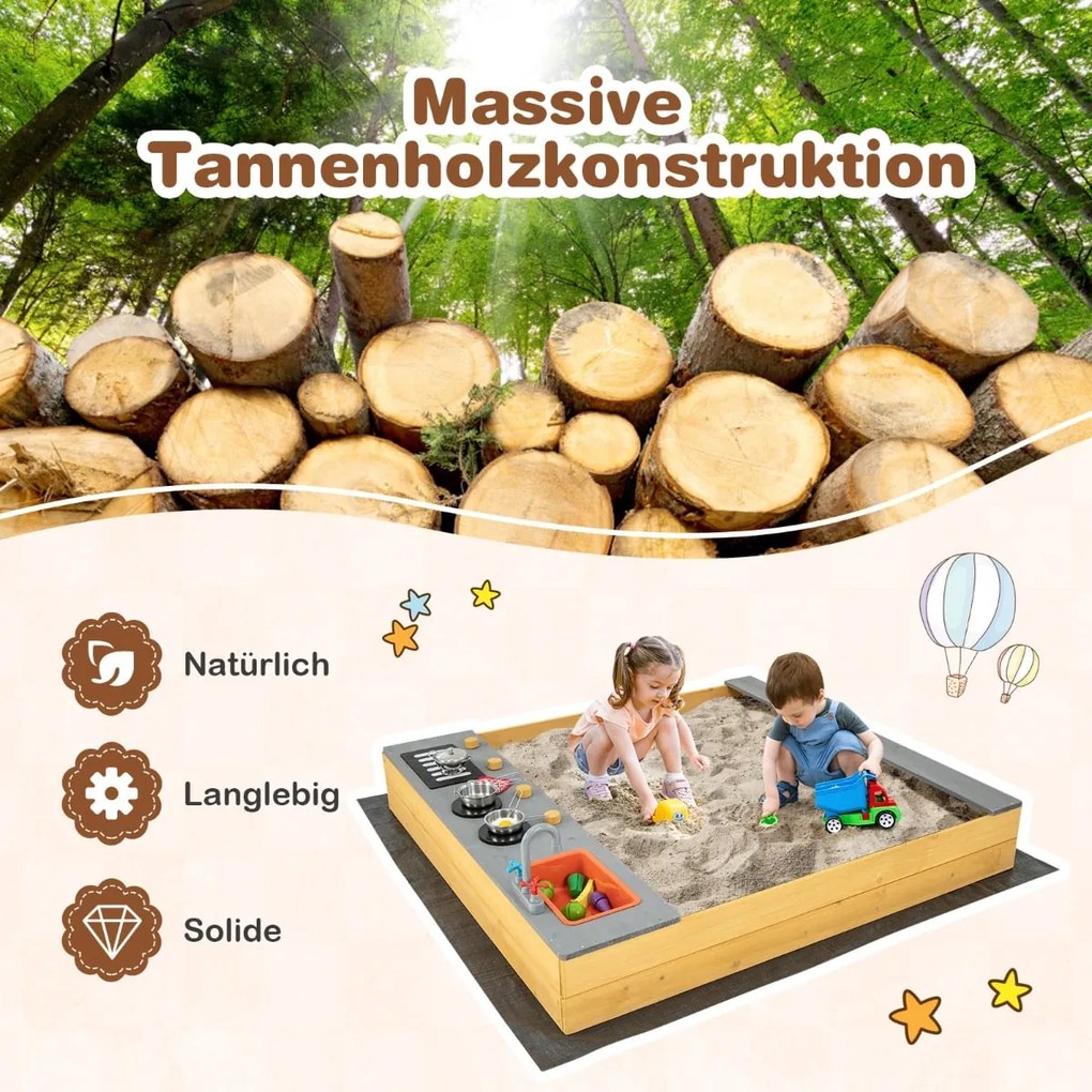 Costway Dřevěné pískoviště s kuchyňskými doplňky a vestavěnou lavicí