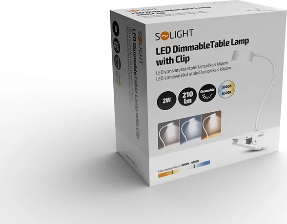 Solight LED stolní nabíjecí lampička, 2W, 210lm, 3CCT, bílá, clip