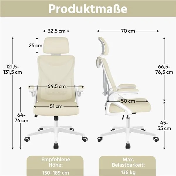 Kancelářská židle Yaheetech – béžová, 70 cm (délka) × 70 cm (šířka) × 121,5 cm – 131,5 cm (výška), polyesterová tkanina piké (267591701991)