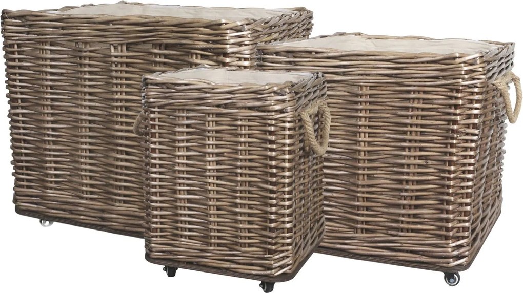 Sada 3ks hnědých košů French Basket Nature s kolečky – 70*70*60/ 55*55*51/ 40*40*45 cm