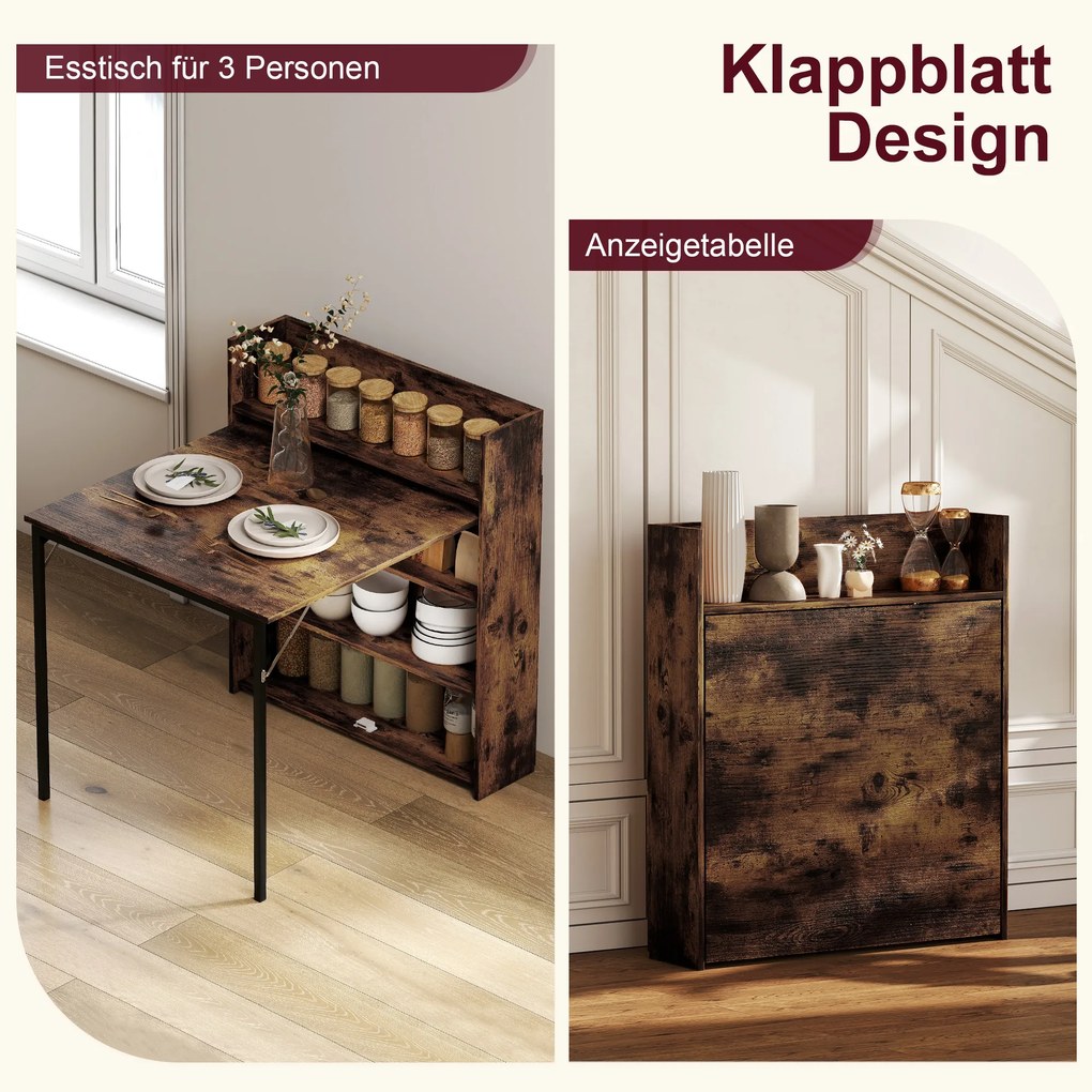 HOMCOM Skládací jídelní stůl s regálem, industriální design, úspora místa, pro malé prostory, 80x90x93cm, rustikální hnědá