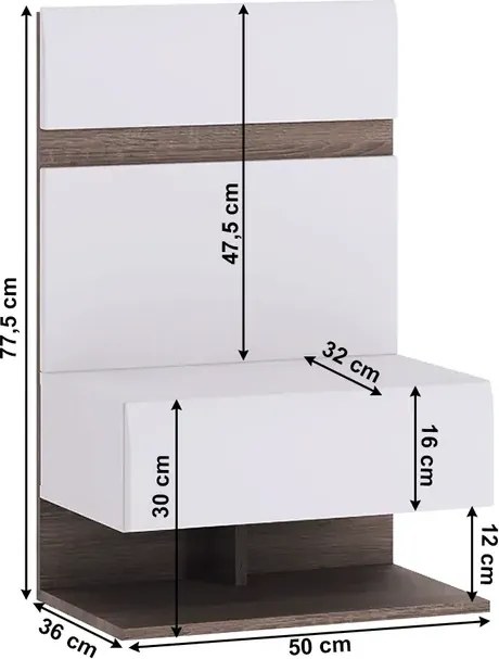 Noční stolek, bílá extra vysoký lesk HG / dub sonoma tmavý truflový, LYNATET TYP 95 [0000042541]
