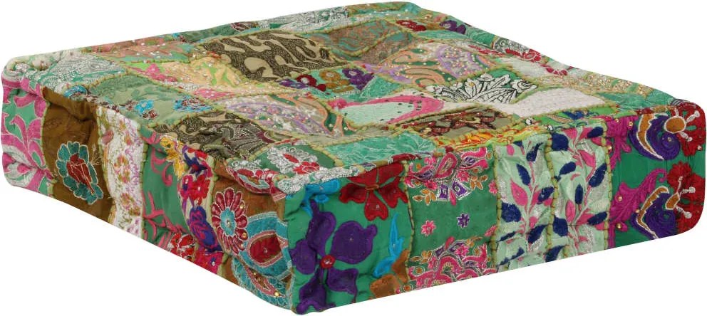 Sedací puf patchwork čtverec ručně vyrobený 50x50x12 cm zelený 246576