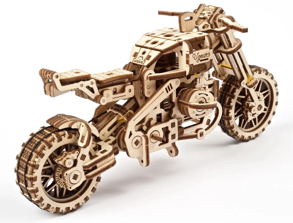 Ugears 3D dřevěné mechanické puzzle UGR-10 Motorka (scrambler) s vozíkem