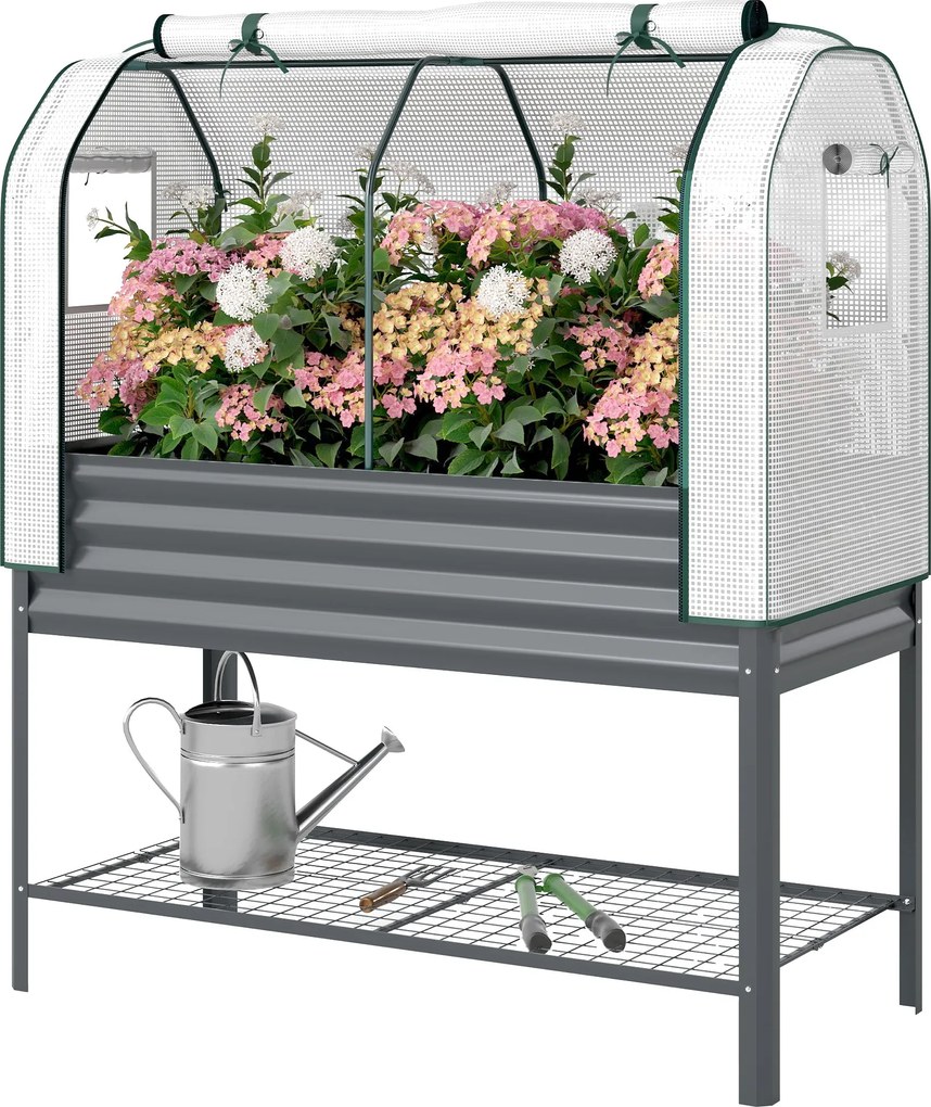 Outsunny vyvýšený záhon s PE krytem — pozinkovaný kovový květináč s výstelkou a spodní policí, 167 l, 120 × 55 × 140 cm, tmavě šedý | Aosom