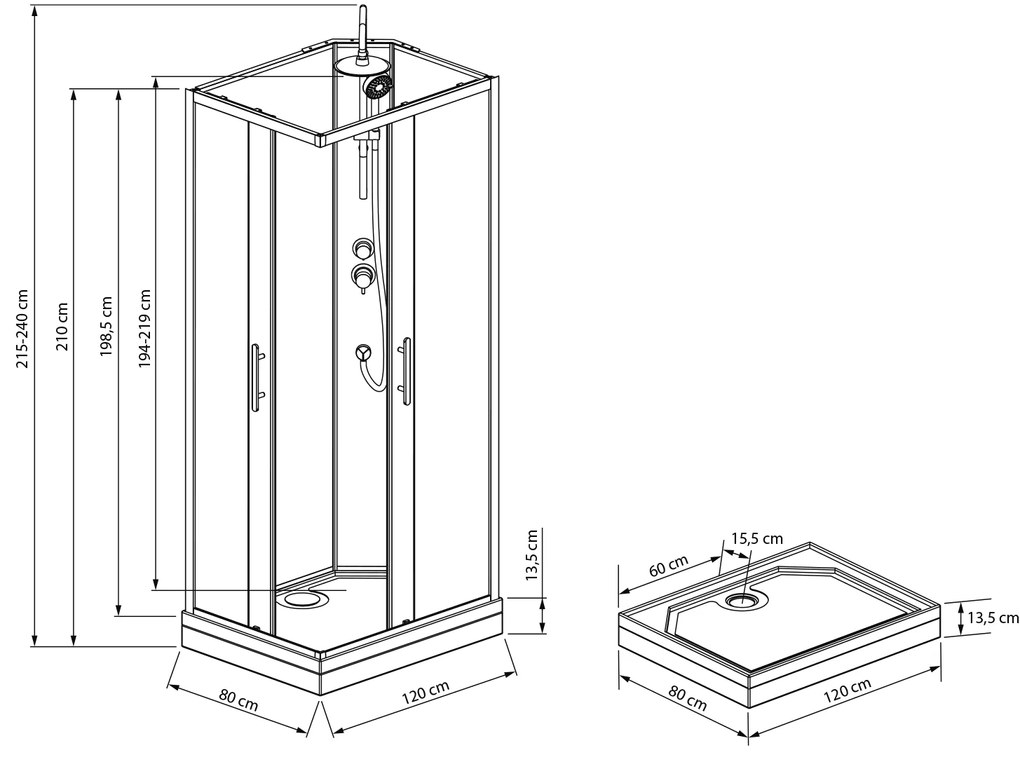 Aqualine GRANVIK obdélníkový sprchový box 800x1200x2180mm, čiré sklo GG80X120