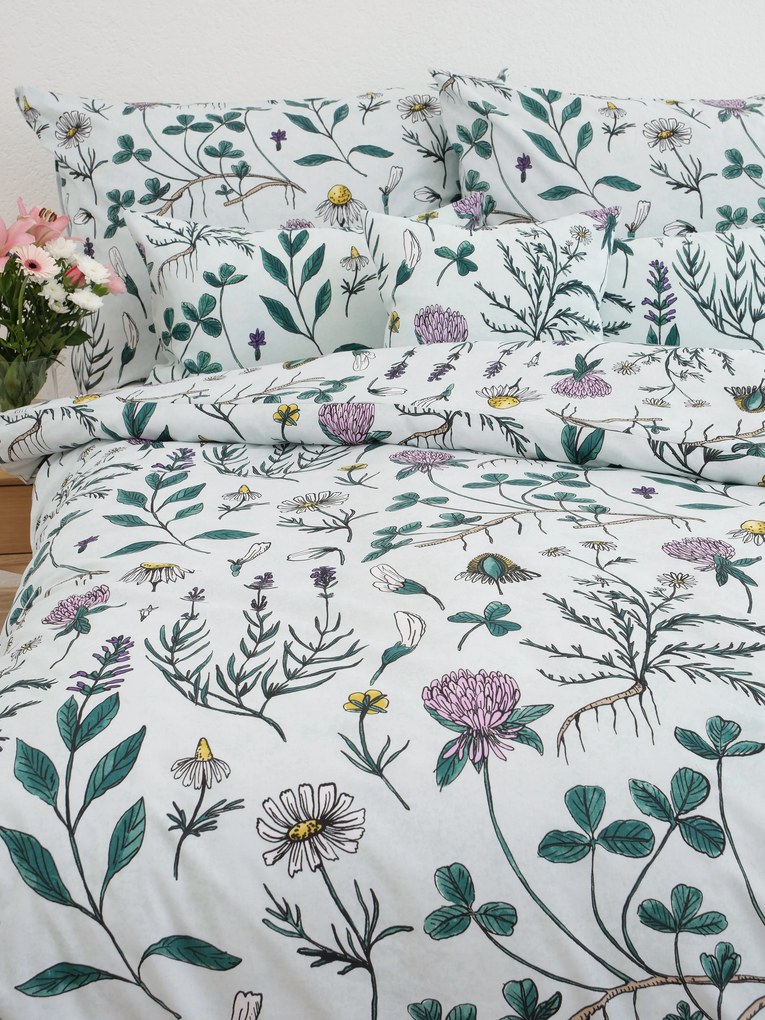 MK Lůžkoviny Francouzské bavlněné povlečení Renforcé - Herbář mentolový 220 × 200 cm, 2ks 70 x 90 cm